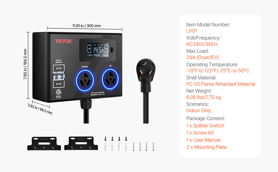 VEVOR NEMA Splitter for Dryer and EV NEMA 10-30P 2x 10-30R 3.4'' LCD ...
