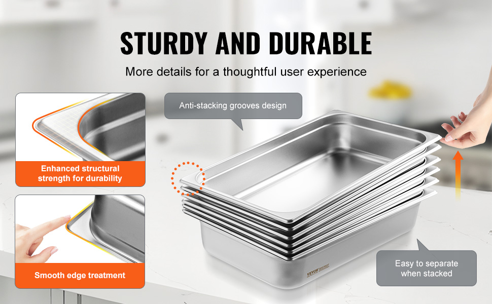 VEVOR 6 Pack Hotel Pans, Full Size Anti-Jam Steam Pan, 0.8mm Thick ...
