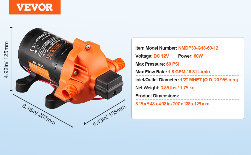 VEVOR 12V Diaphragm Pump 1.8GPM 6.81 L/min 3-Chamber Water Pump Pressure Switch | VEVOR CA