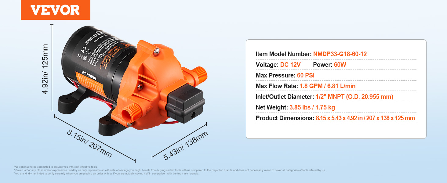 VEVOR 12V Diaphragm Pump 1.8GPM 6.81 L/min 3-Chamber Water Pump ...