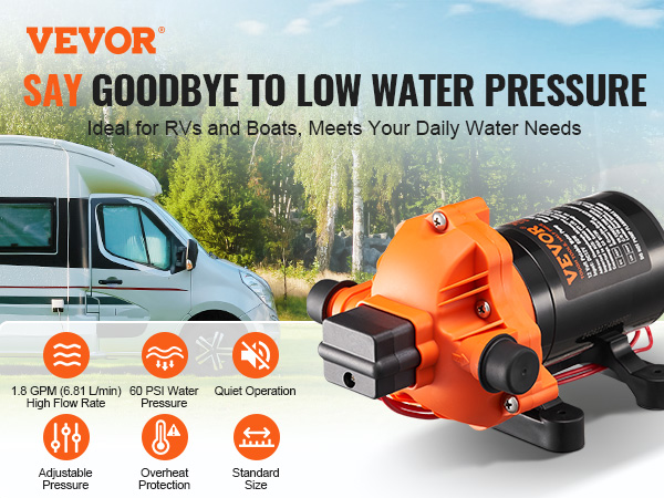 VEVOR 12V Diaphragm Pump 1.8GPM 6.81 L/min 3-Chamber Water Pump ...