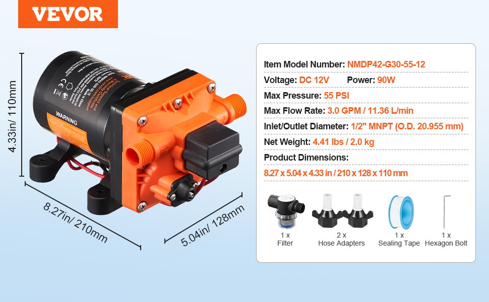 VEVOR 12V Diaphragm Pump 3GPM 11.36 L/min 4-Chamber Water Pump Pressure ...