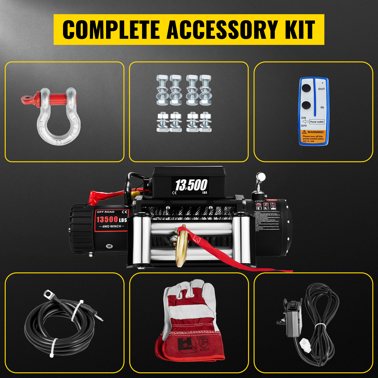 VEVOR Electric Winch 13500lb/6123kg, Steel Cable Recovery Winch 12V ...