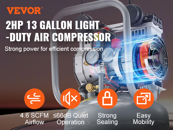 VEVOR 13 Gallon Air Compressor, 2HP 4.6 SCFM@90PSI Oil Free Air ...