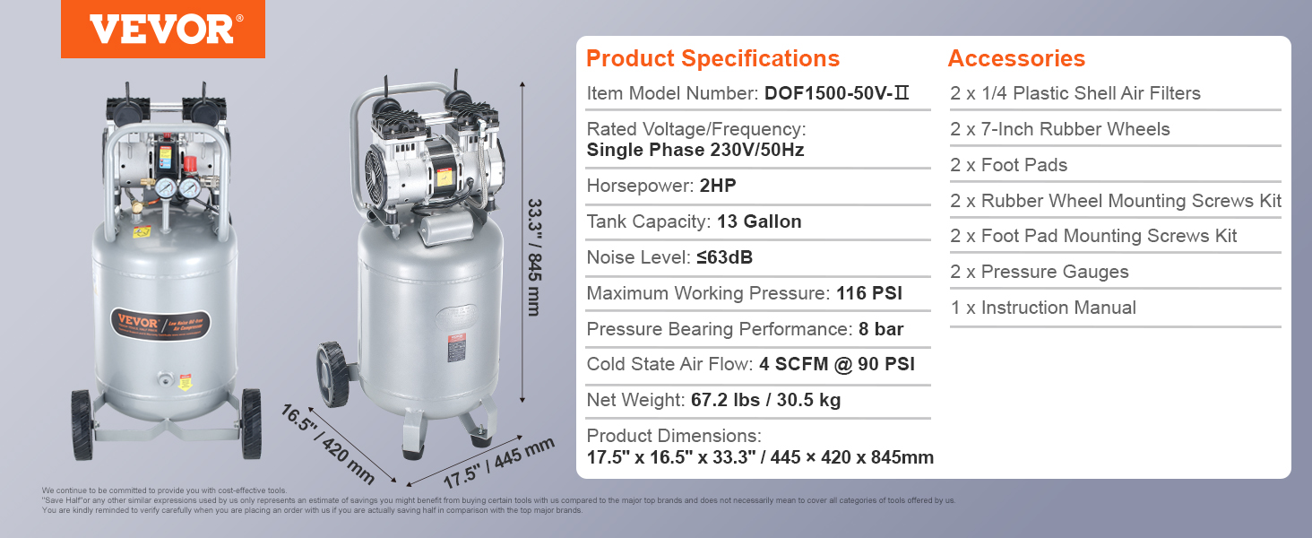 VEVOR 13 Gallon Air Compressor 2HP 4 SCFM@90PSI Oil Free Air Compressor ...