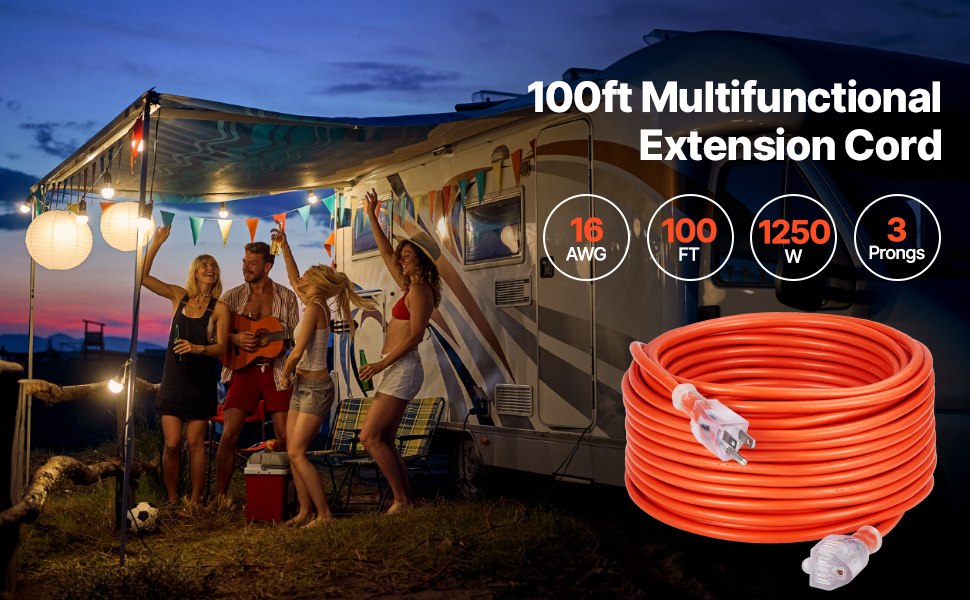 100FT Heavy Duty Extension Cord 16AWG 10A 1250W 3 Prongs with Lighted ...