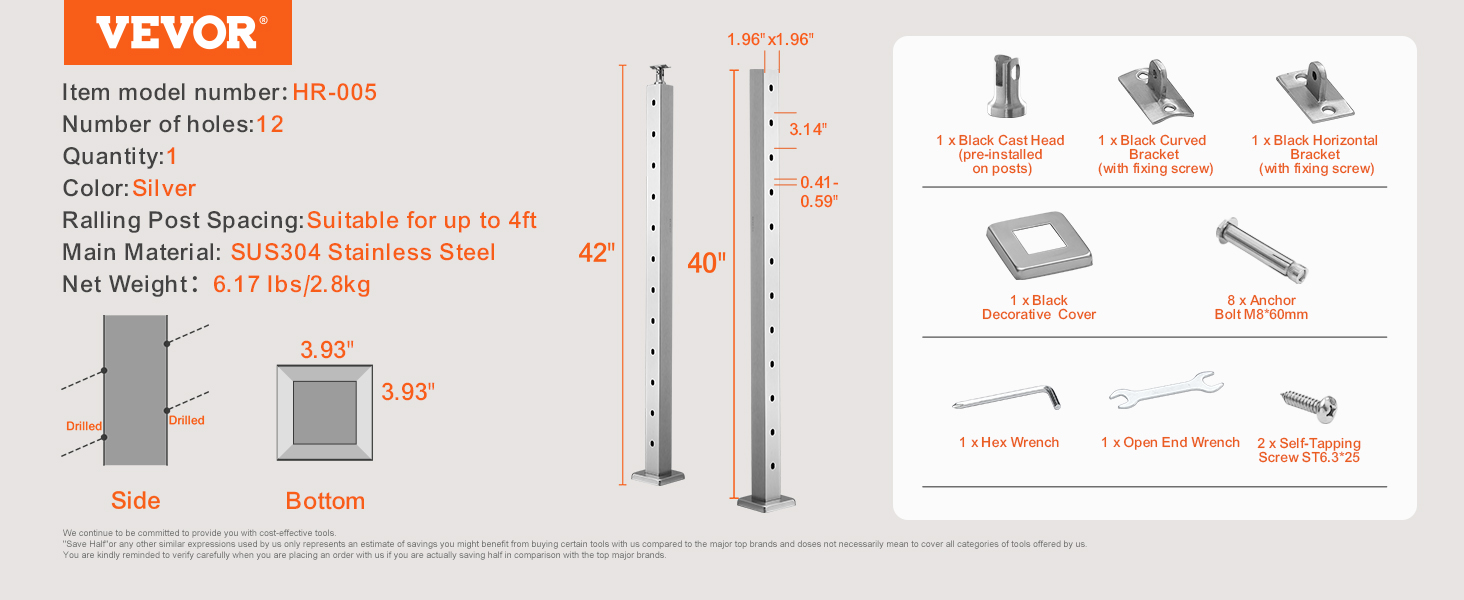 VEVOR Cable Railing Post, 42" x 2" x 2" Steel 30° Angled Hole Stair ...