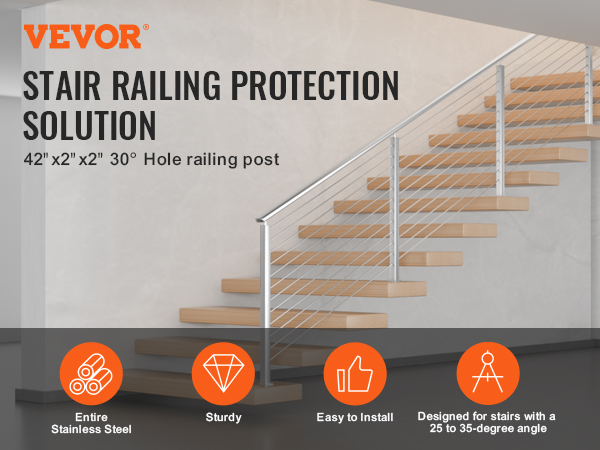 VEVOR Cable Railing Post, 42" x 2" x 2" Steel 30° Angled Hole Stair ...