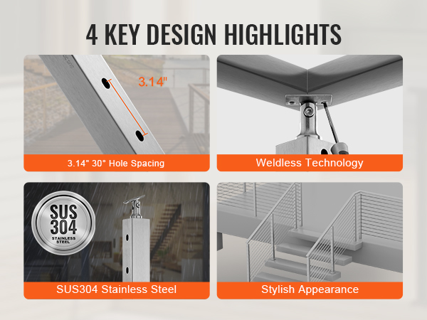 VEVOR Cable Railing Post, 42" x 2" x 2" Steel 30° Angled Hole Stair ...