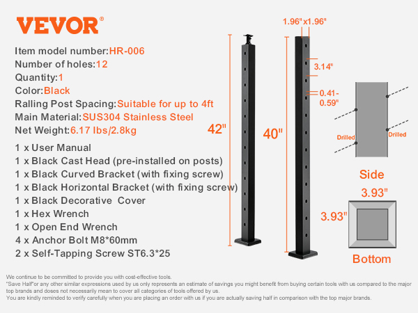 VEVOR Cable Railing Post, 42" x 2" x 2" Steel 30° Angled Hole Stair ...