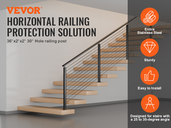 VEVOR Cable Railing Post, 36" x 2" x 2" Steel 30° Angled Hole Stair ...