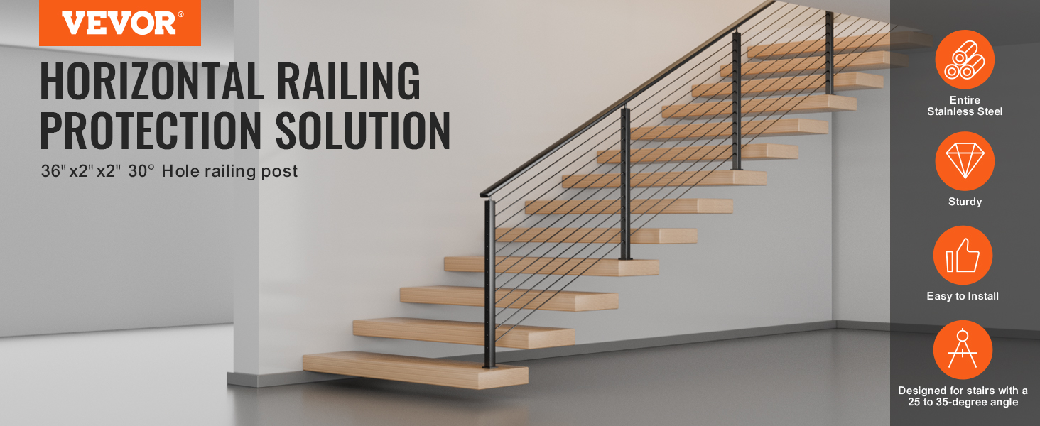 VEVOR Cable Railing Post, 36" x 2" x 2" Steel 30° Angled Hole Stair ...