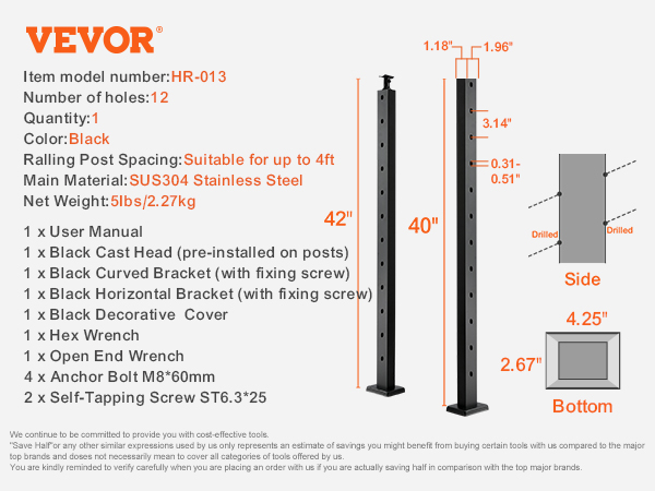 VEVOR Cable Railing Post, 42" x 1" x 2" Steel 30° Angled Hole Stair ...