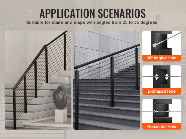 VEVOR Cable Railing Post, 42" x 1" x 2" Steel 30° Angled Hole Stair ...