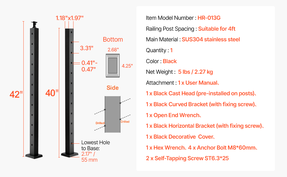 VEVOR Cable Railing Post 42x1x2 In with 30° Angled Holes ...