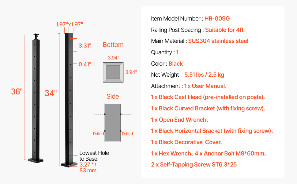 VEVOR 1-Pack Cable Railing Post, 36x2x2 In Horizontal-Hole Deck Railing ...