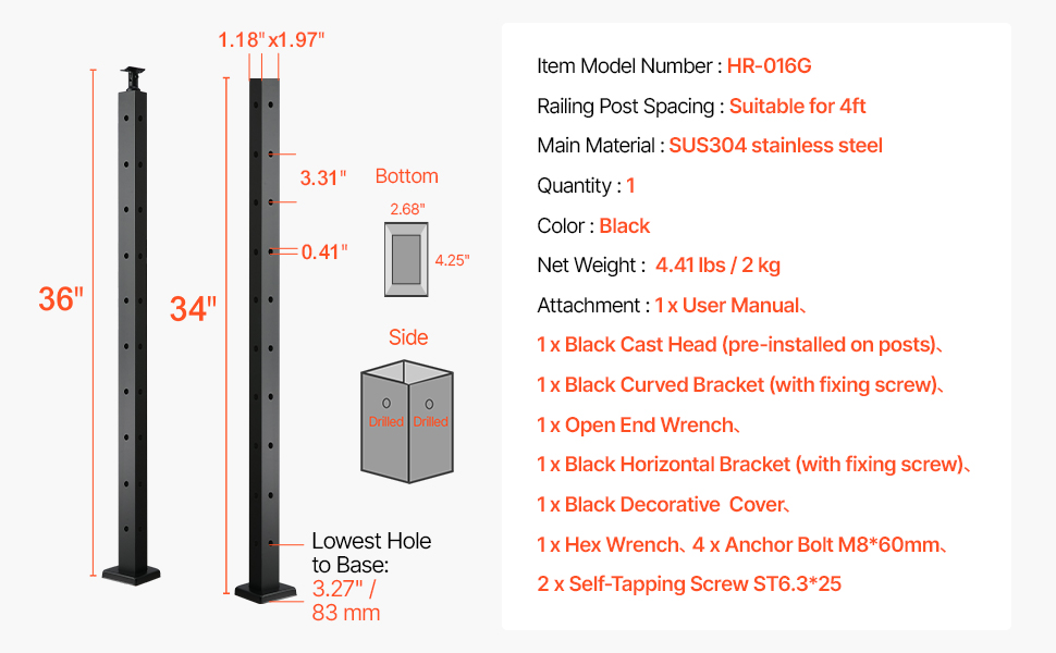 VEVOR Cable Railing Post, 36x1x2 Inch Corner Railing Post, with L ...