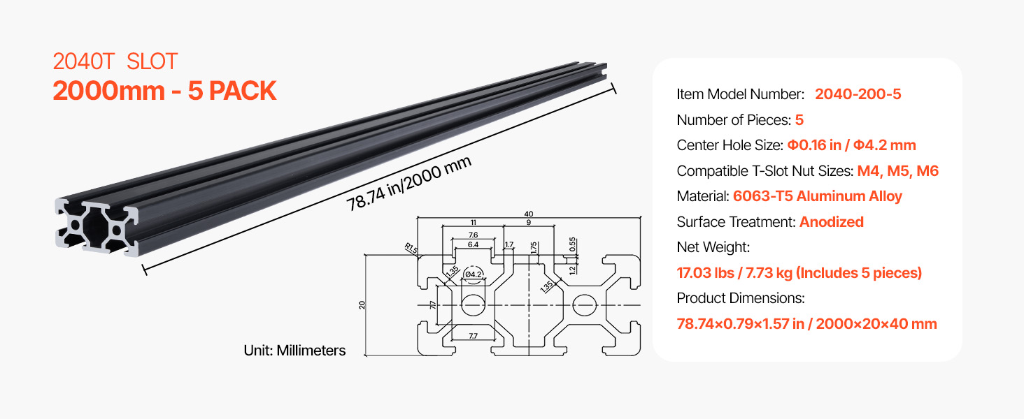 VEVOR 5PCS 78.7 in (2000 mm) T Slot 2040 Aluminum Extrusion Anodized ...