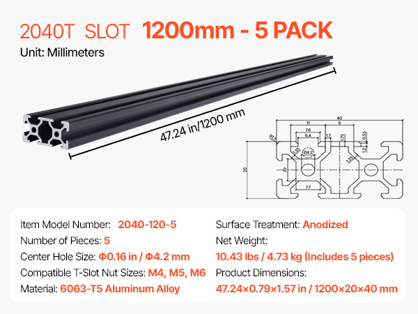 5PCS 47.2 in (1200 mm) T Slot 2040 Aluminum Extrusion Anodized Linear ...