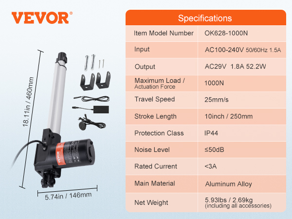 VEVOR 24V Linear Actuator Kit 10 Inch 0.98"/s 220lbs/1000N with IP44 ...