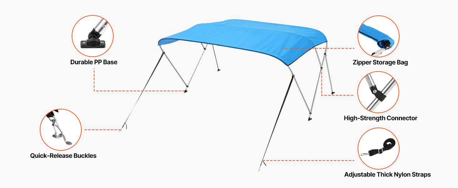 3 Bow Boat Bimini Tops 6'Lx(67"-72")W x 46"H Awning Canopy Pacific Blue ...