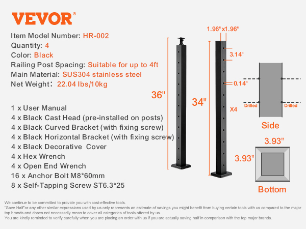 VEVOR 4-Pack Cable Railing Post, 36 VEVOR 4-Pack Cable Railing Post, 36