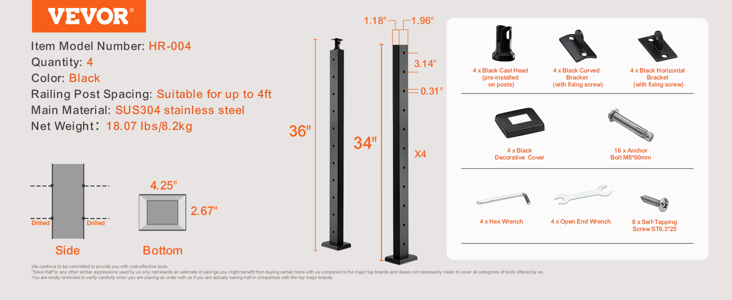 VEVOR 4-Pack Cable Railing Post, 36" x 1" x 2" Steel Horizontal Hole ...