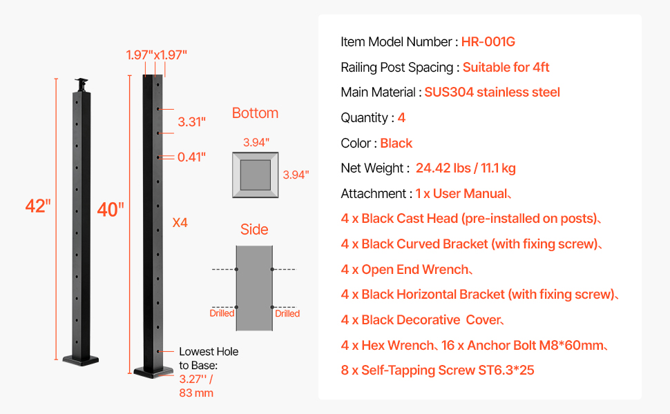 VEVOR Cable Railing Post 42x2x2 In Horizontal-Hole Post ...