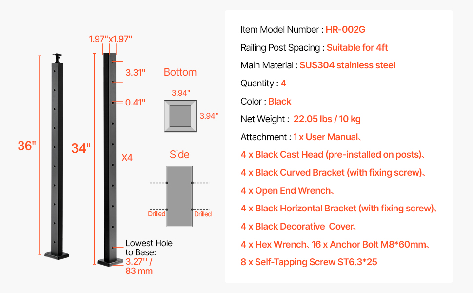 VEVOR 4-Pack Cable Railing Post, 36x2x2 In Horizontal-Hole Deck Railing ...