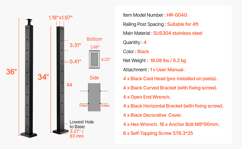 VEVOR 4-Pack Cable Railing Post, 36" x 1" x 2" Steel Horizontal Hole ...