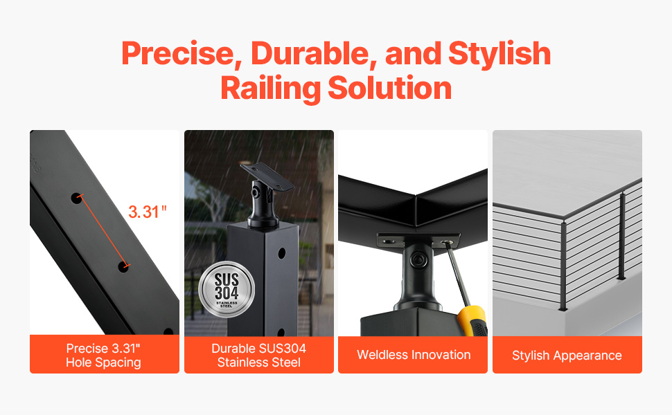 VEVOR 4-Pack Cable Railing Post, 36" x 1" x 2" Steel Horizontal Hole ...