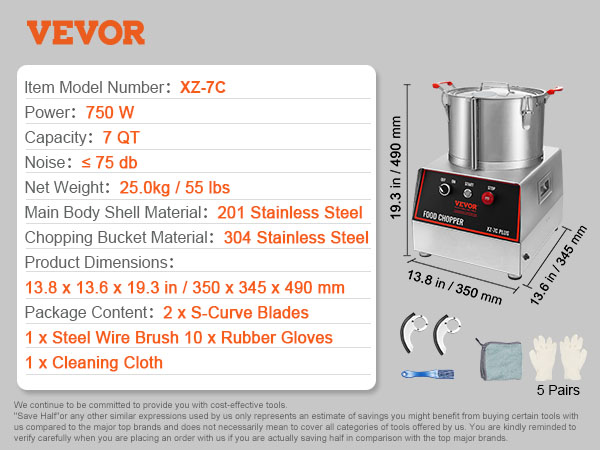 VEVOR Food Processor & Vegetable Chopper, 7 Quart Bowl, 750W Food-Grade ...