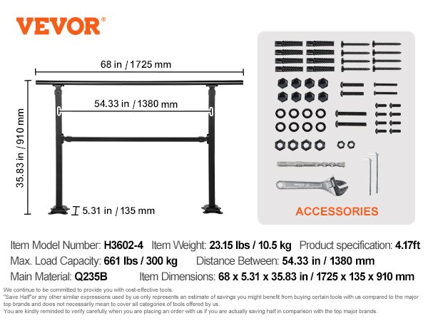 VEVOR Iron Handrail Stair Railing Hand Rail Kit Fit for 0-4 Steps ...