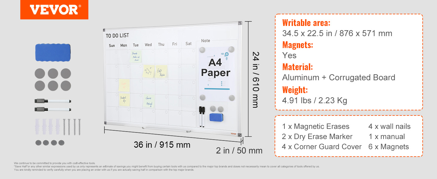 VEVOR Calendar Whiteboard, 36 x 24 Inches Magnetic Dry Erase Calendar ...