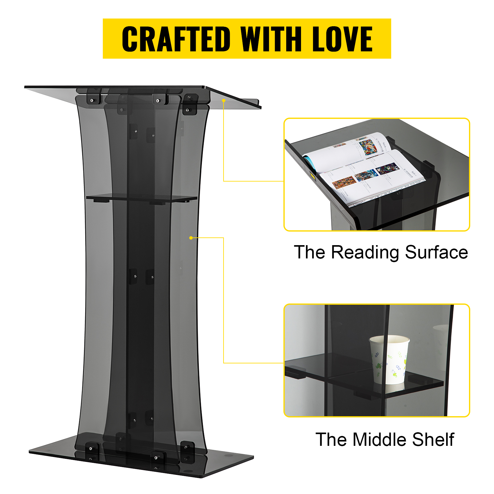 VEVOR Acrylic Pulpit, 47" Tall, Clear Podium Stand w/ Wide Reading ...