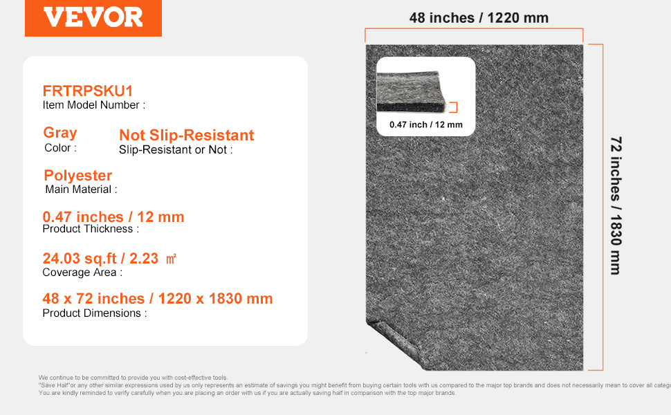 VEVOR Rug Pad Gripper 4' x 6' Protective Carpet Pad 0.47" Thick for All ...