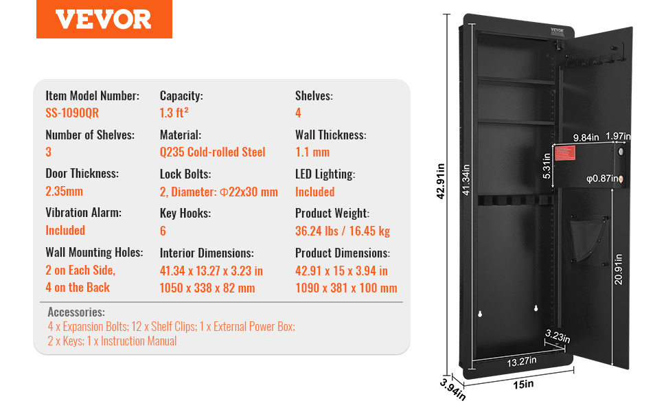 VEVOR 42.91" Tall Wall Gun Safe, 4-Tier Hidden Gun Safe with Keypad ...