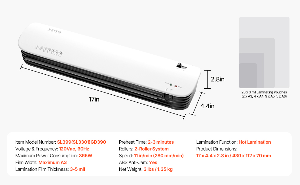 VEVOR Laminator Machine, Thermal Laminator for Max A3 Paper Size, 2-3 ...