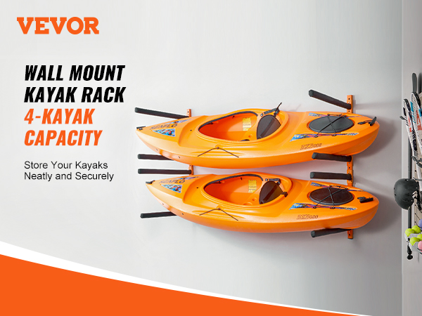 VEVOR Wall Kayak Storage Rack, 4-Capacity Wall Mounted Kayak Holders ...