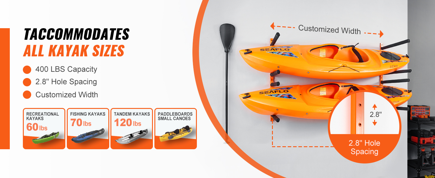 VEVOR Wall Kayak Storage Rack, 4-Capacity Wall Mounted Kayak Holders ...