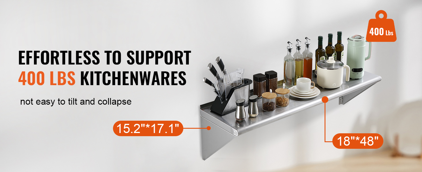VEVOR 18" x 48" Stainless Steel Shelf, Wall Mounted Floating Shelving ...