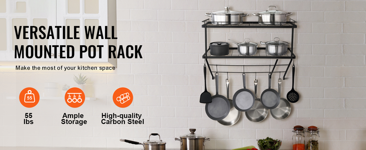 VEVOR Pot Rack Wall Mounted, 30 inch Pot and Pan Hanging Rack, Pot and ...