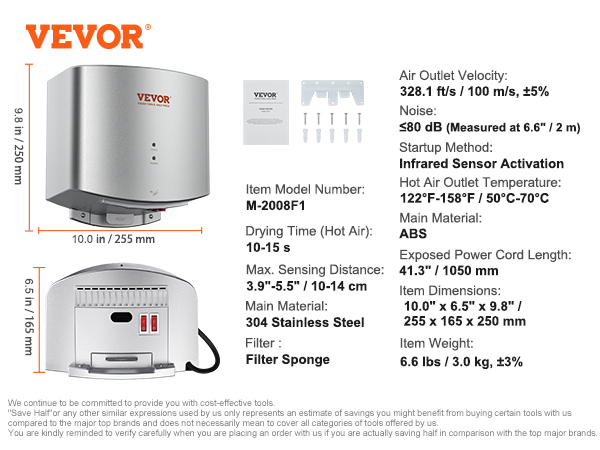 VEVOR Heavy Duty Commercial Hand Dryer, 1400W Automatic High Speed ABS ...