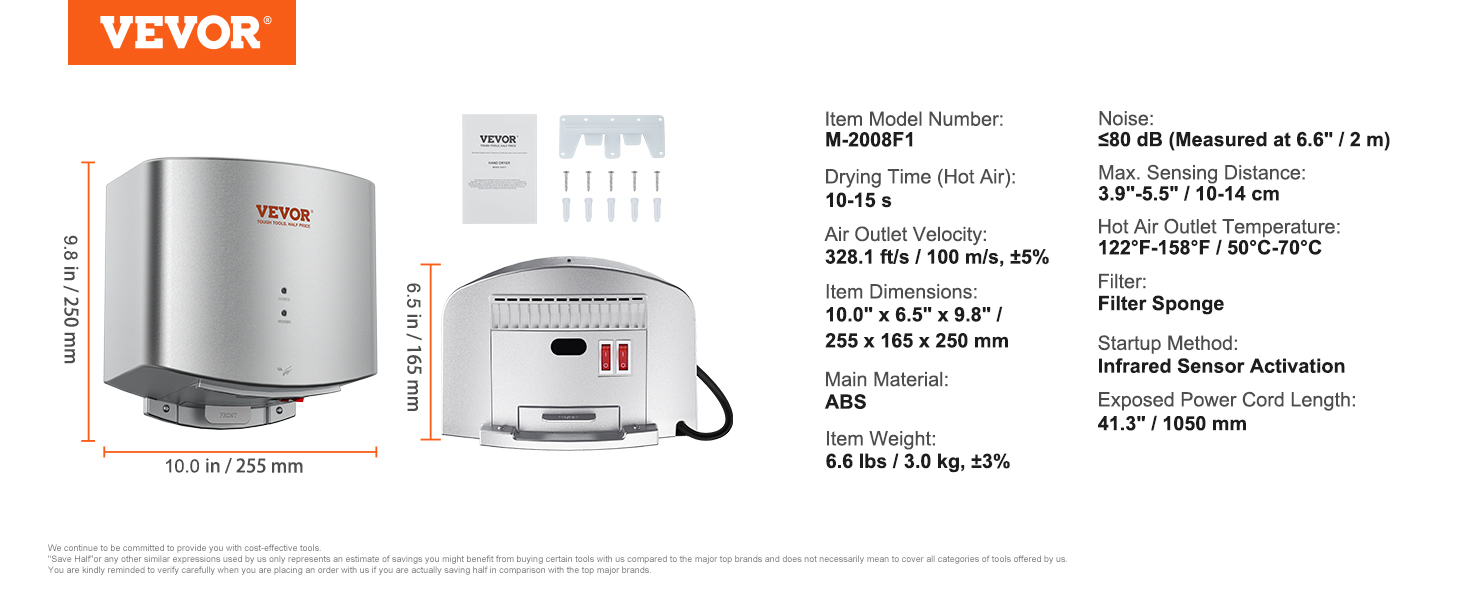 VEVOR Heavy Duty Commercial Hand Dryer, 1400W Automatic High Speed ABS ...