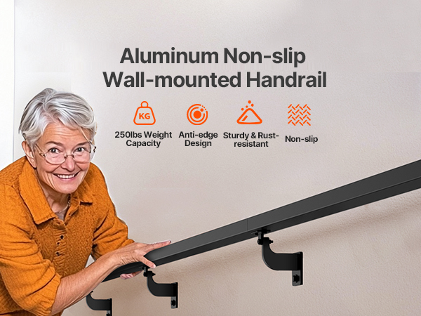 15ft Wall Mounted Stair Handrail Black Aluminum 250lbs Load Capacity ...