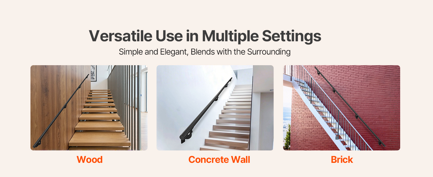 12ft Wall Mounted Stair Handrail Black Aluminum Indoor Outdoor Railing ...