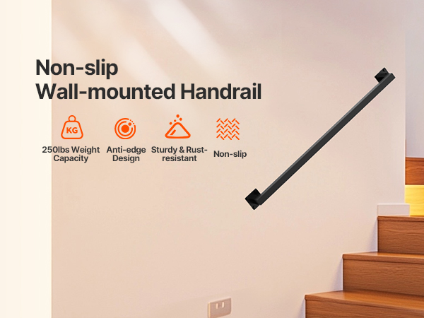 3ft Wall Mounted Stair Handrail Black Iron 250lbs Load Capacity Square ...