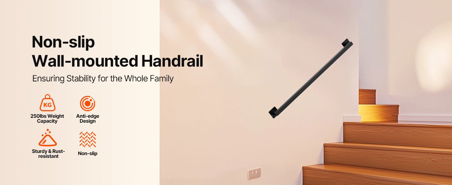 3ft Wall Mounted Stair Handrail Black Iron 250lbs Load Capacity Square ...