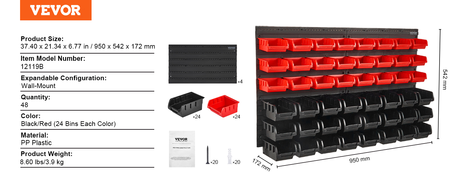 VEVOR Wall Mounted Storage Bins, 48-Bin Parts Rack Organizer Garage ...