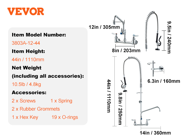 VEVOR Commercial Faucet with Pre-Rinse Sprayer, 44" Height, 8" Center ...